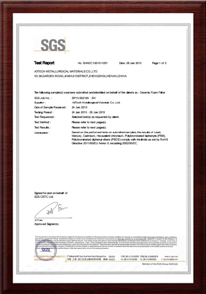 Certificates - Aluminum casting filter